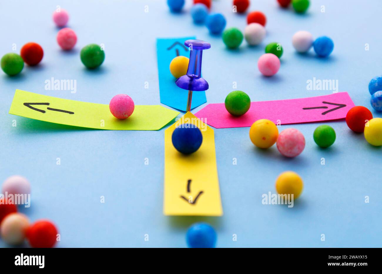 Post-it notes of different colors with spheres making a route to join ...