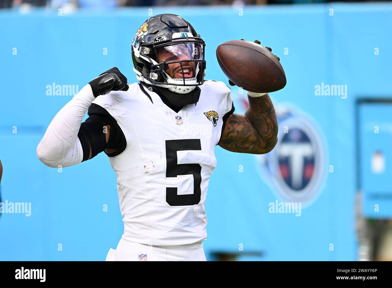 Jacksonville Jaguars safety Andre Cisco (5) celebrates his interception ...