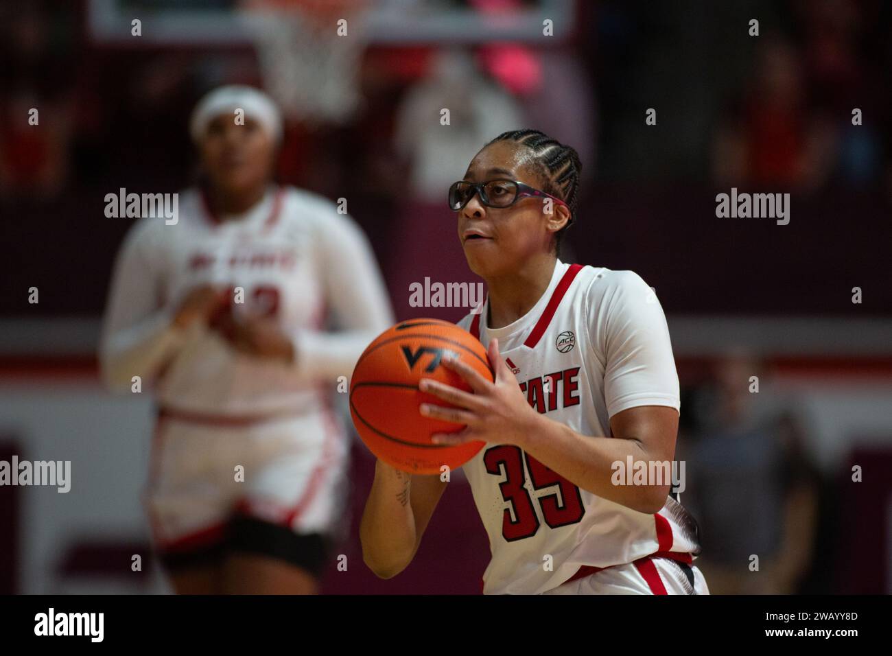 Blacksburg, VA, USA. 7th Jan, 2024. NC State Wolfpack guard Zoe Brooks ...