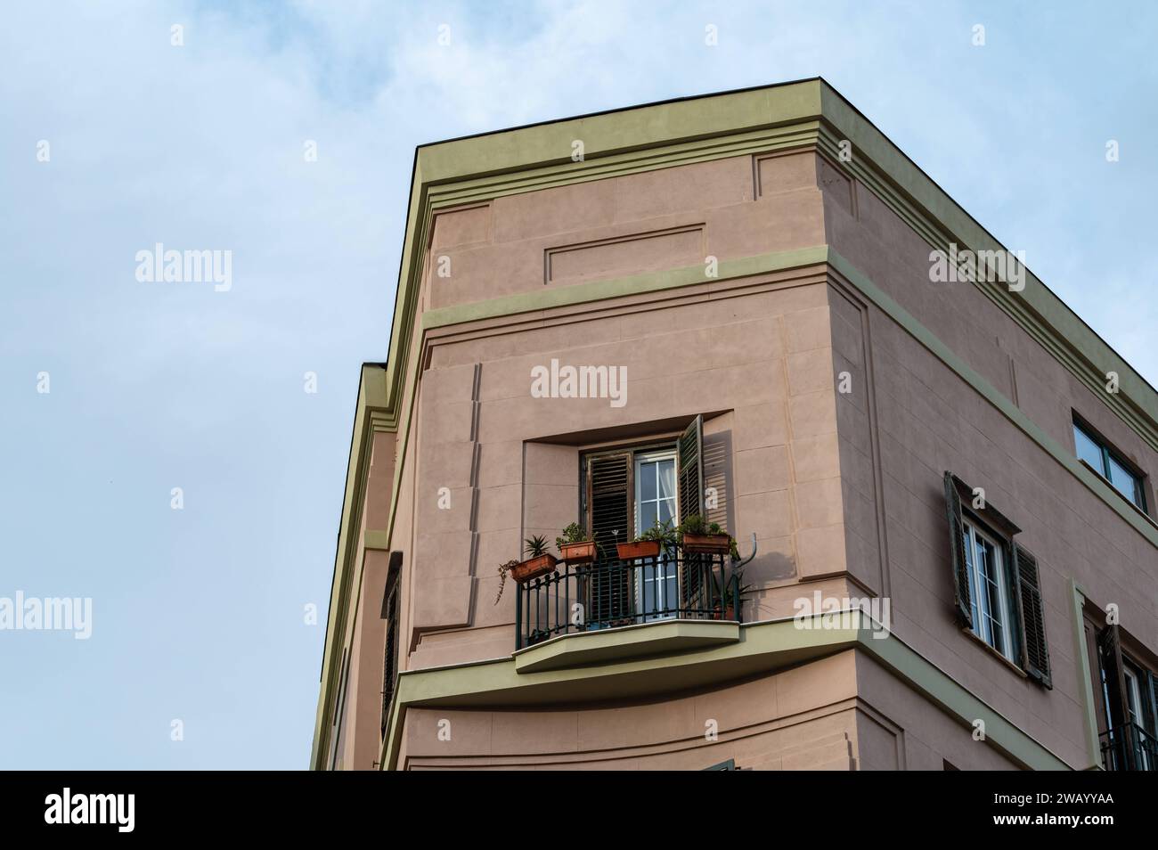 Palermo, Sicily, Italy, December 14, 2023 - Corner facade and balcony of an upper class ...