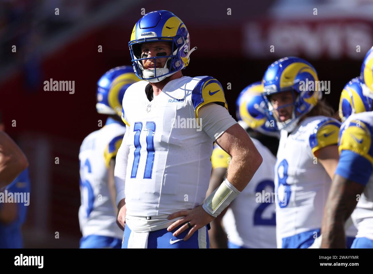 Los Angeles Rams quarterback Carson Wentz (11) warms up before an NFL ...