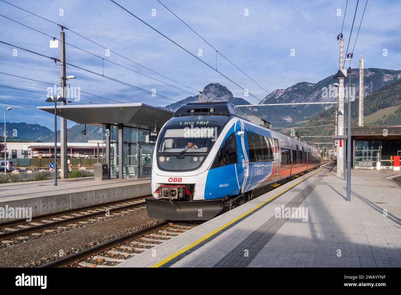 Regional city shuttle train waiting at Liezen Austria going to Linz ...