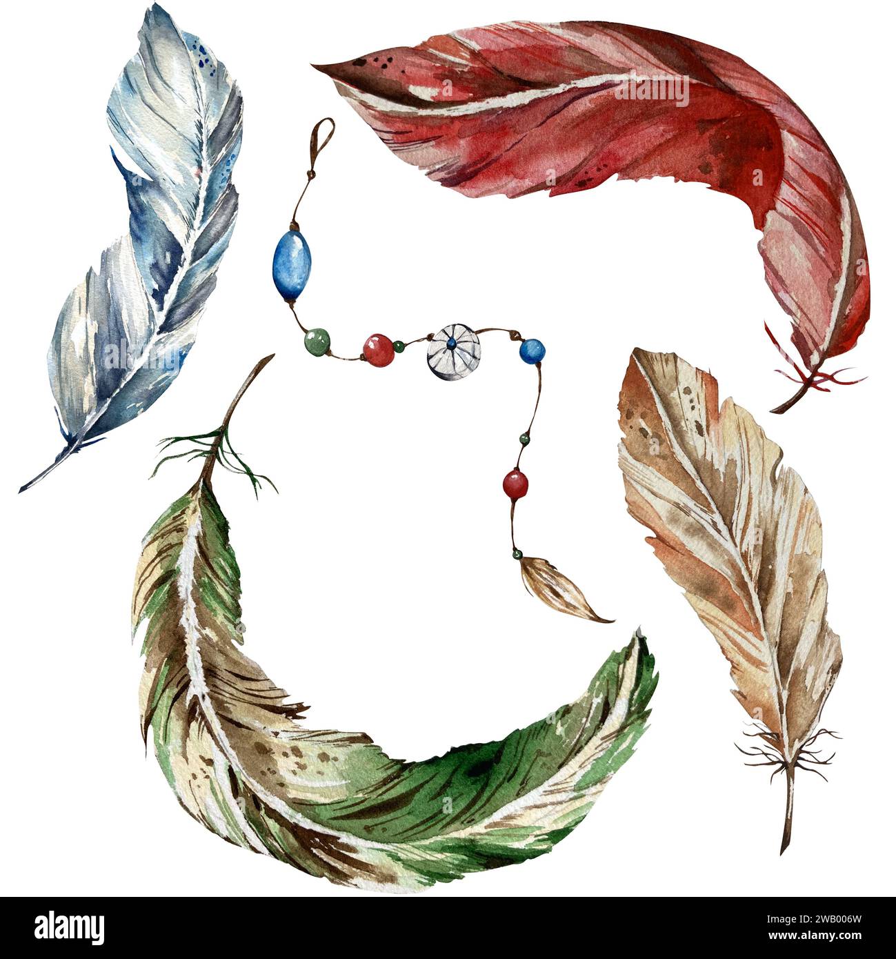 watercolor set of bright feathers and bears. handmade work. isolated on ...