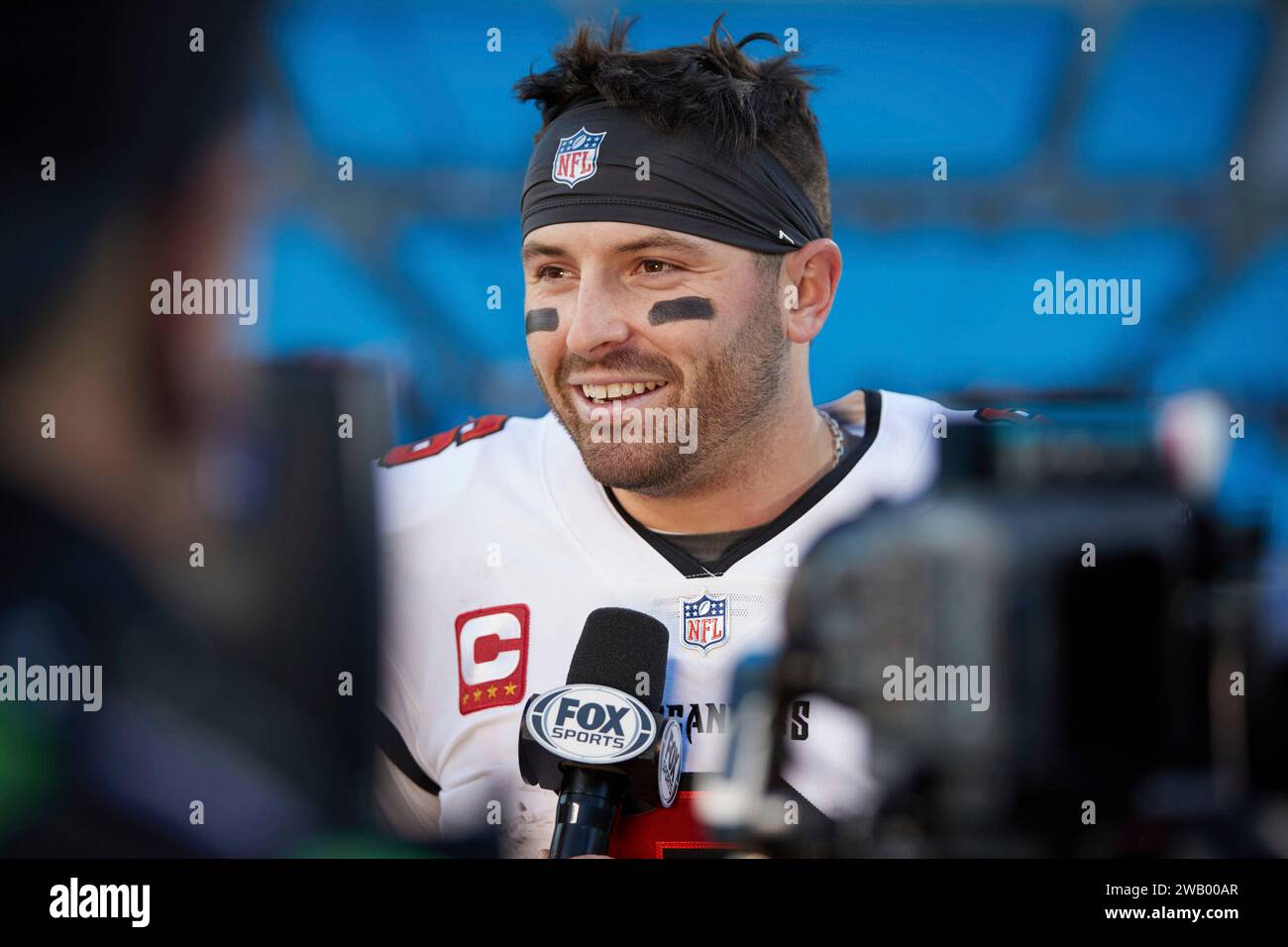 Tampa Bay Buccaneers quarterback Baker Mayfield (6) is interviewed by ...