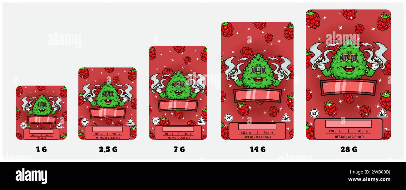 Raspberry Strains and Weed Bud With Smoking Mascot Cartoon. Product ...