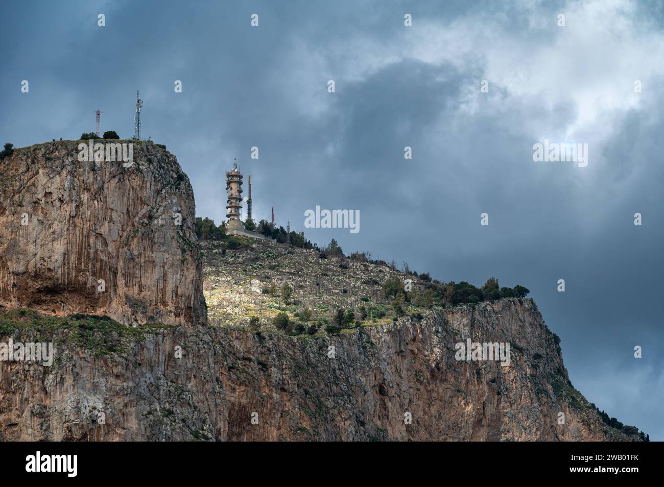 Rocks of the Mount Pellegrino with a communication antenna on top ...