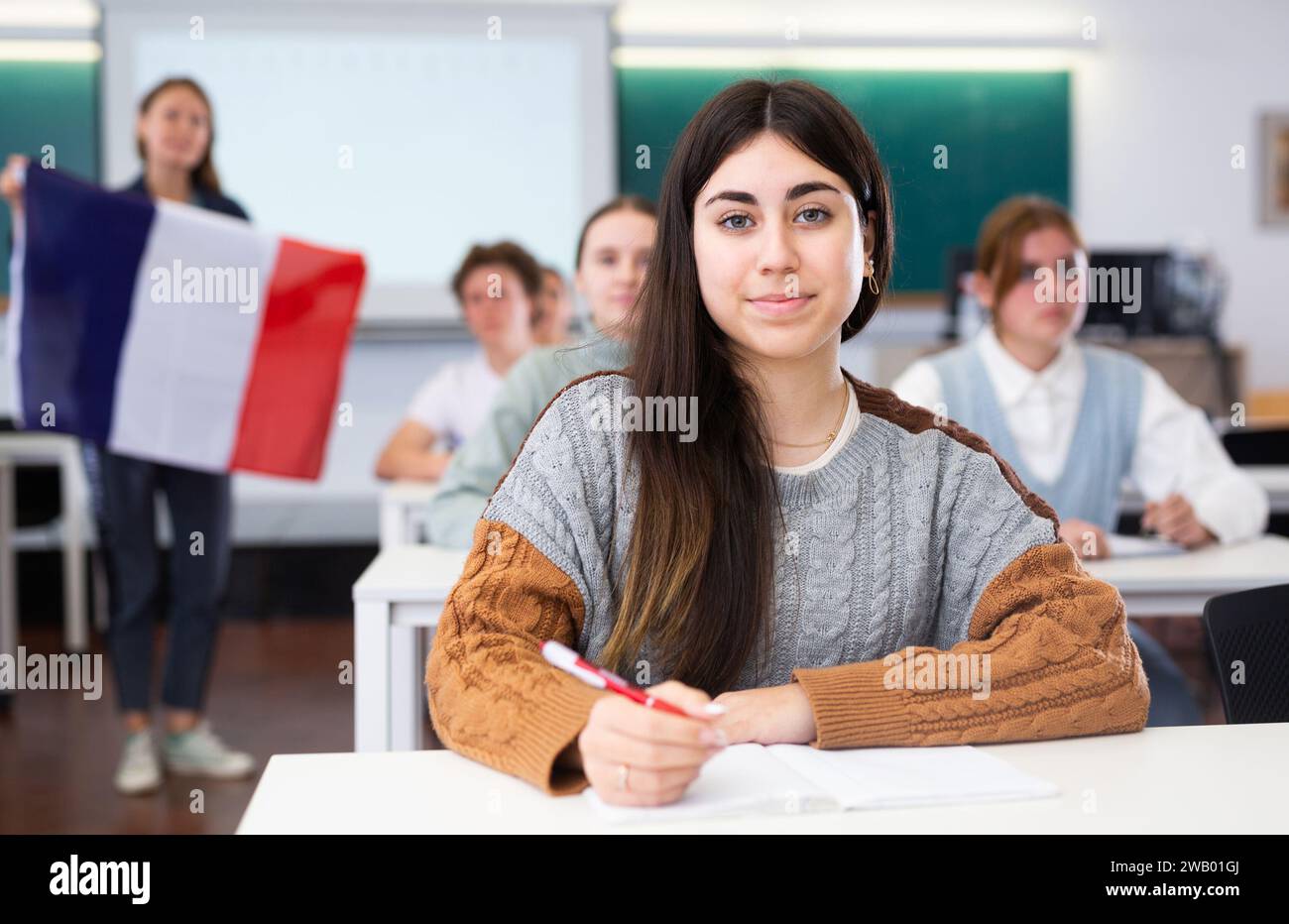 Teacher stands behind students with flag of France Stock Photo - Alamy