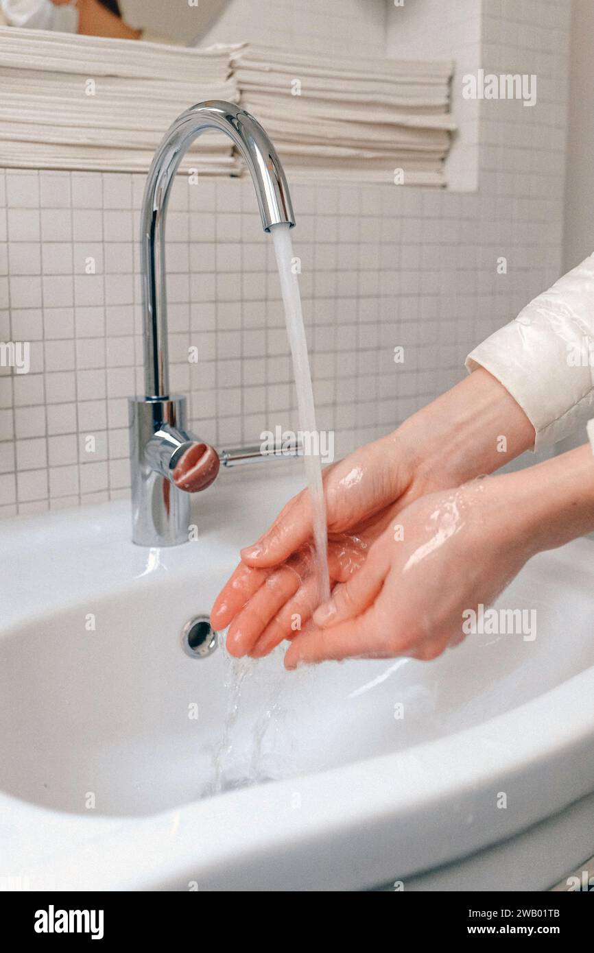 Hands wash procedure, cleaning hands with soap from viruses and ...
