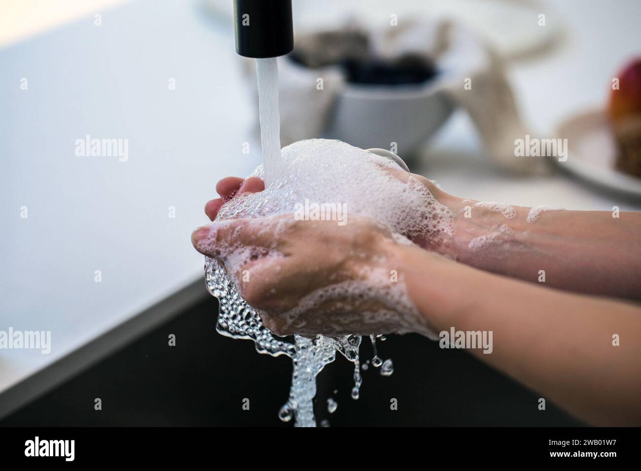 Hands wash procedure, cleaning hands with soap from viruses and ...