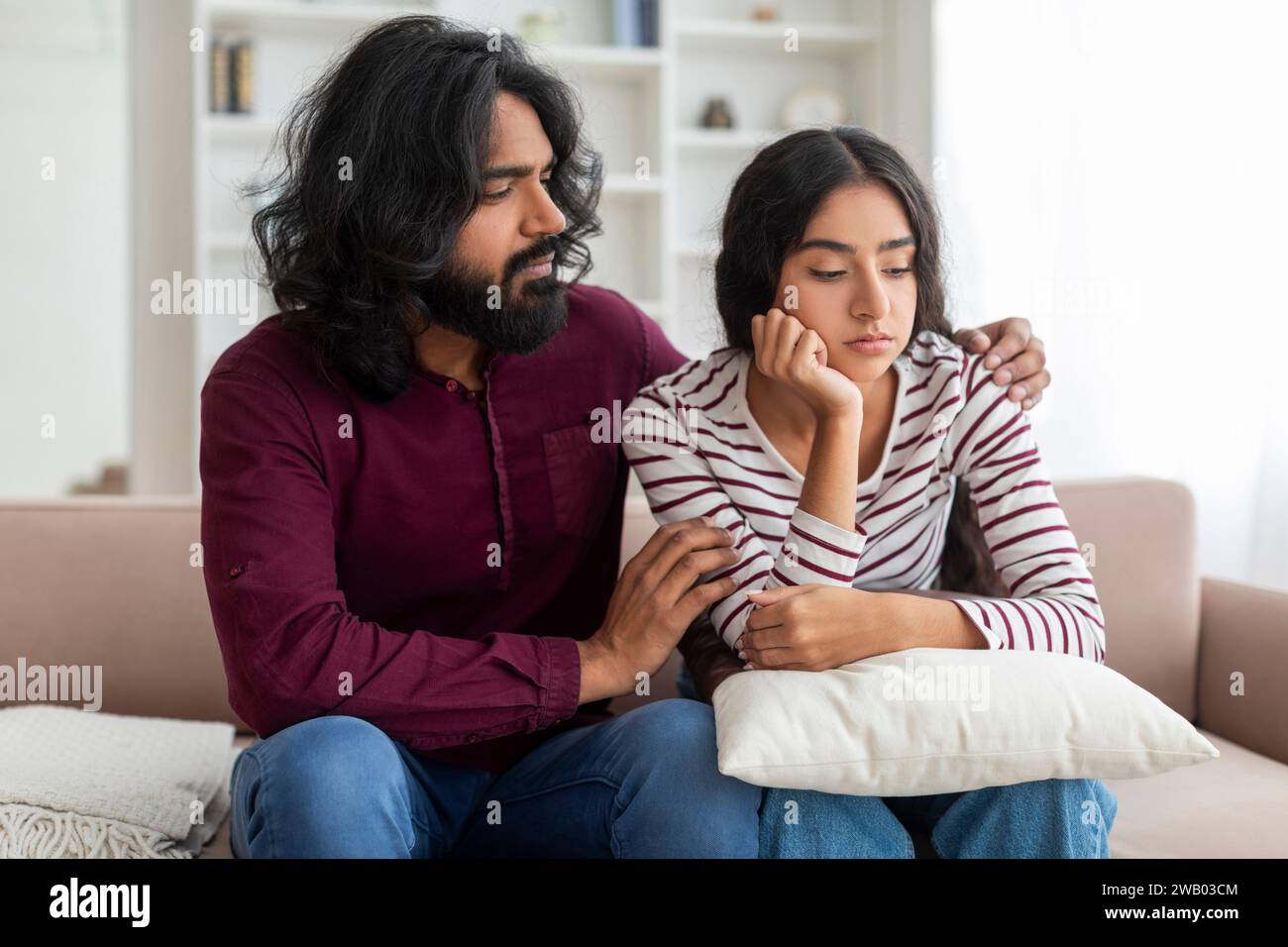 Supportive indian husband comforting his crying depressed wife Stock ...