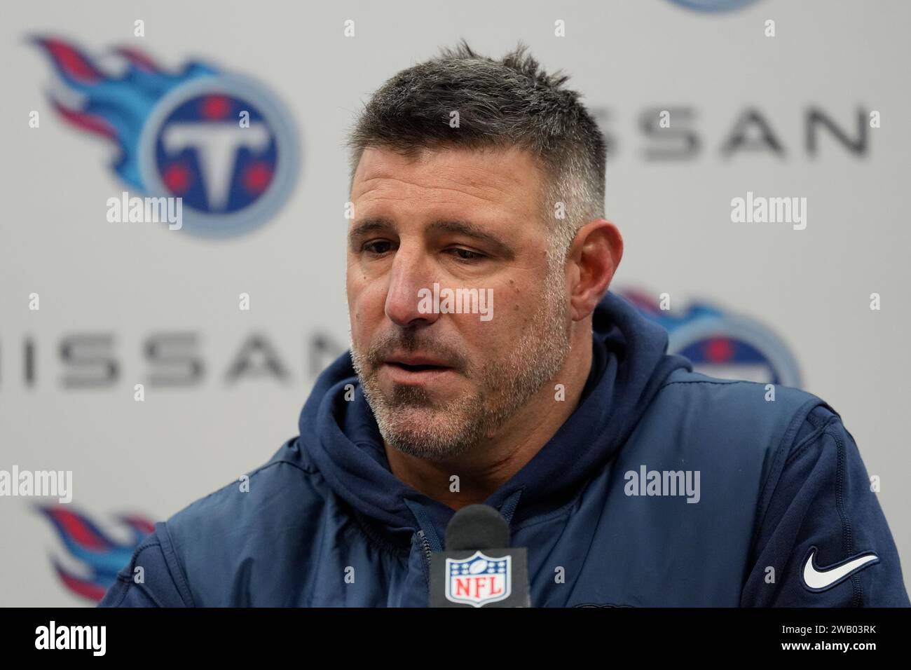 Tennessee Titans head coach Mike Vrabel responds to questions during a ...