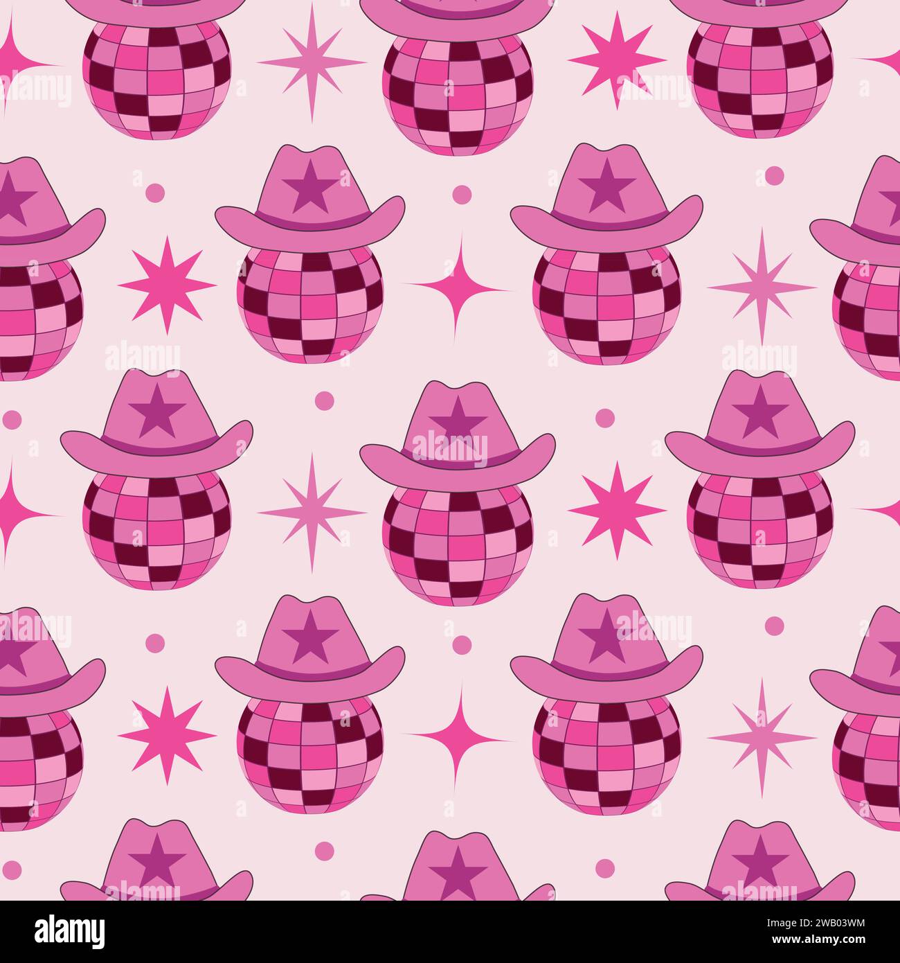 Retro cowgirl hats on groovy pink disco balls seamless pattern with ...