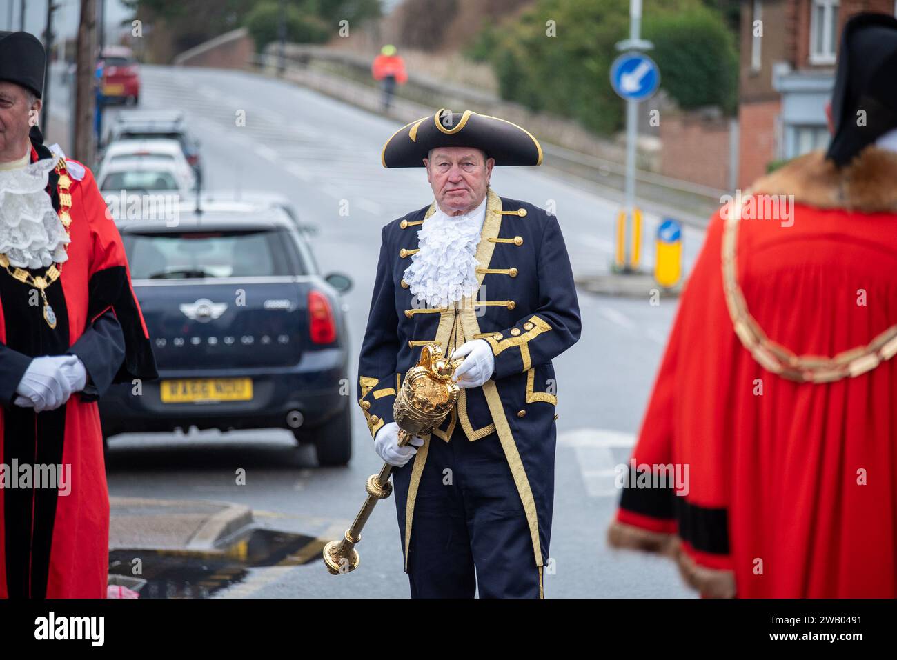 Margate, UK. 07th Jan, 2024. A mayor holds his mace before the ceremony ...