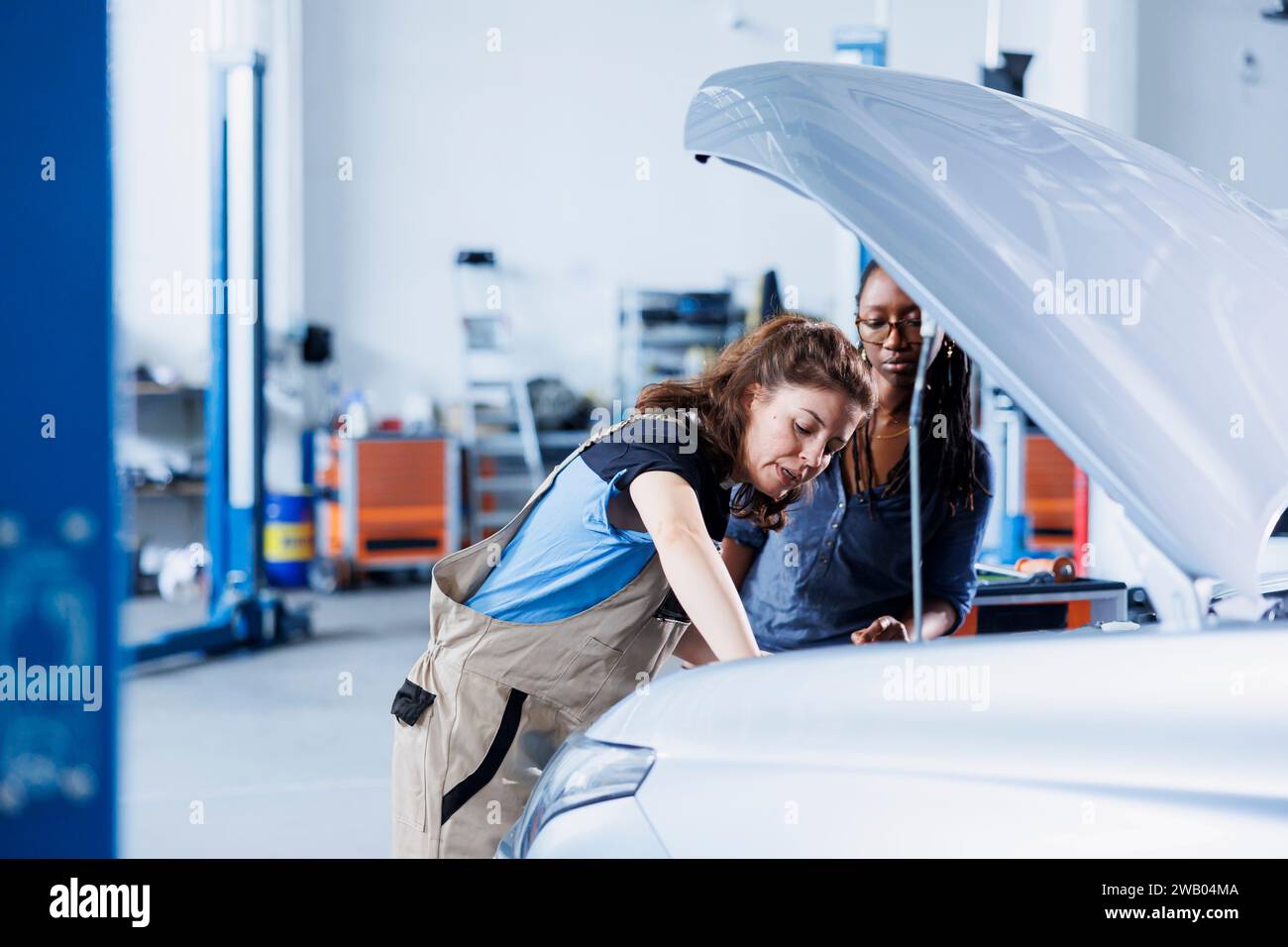 Knowledgeable mechanic helping client with car checkup in auto repair ...