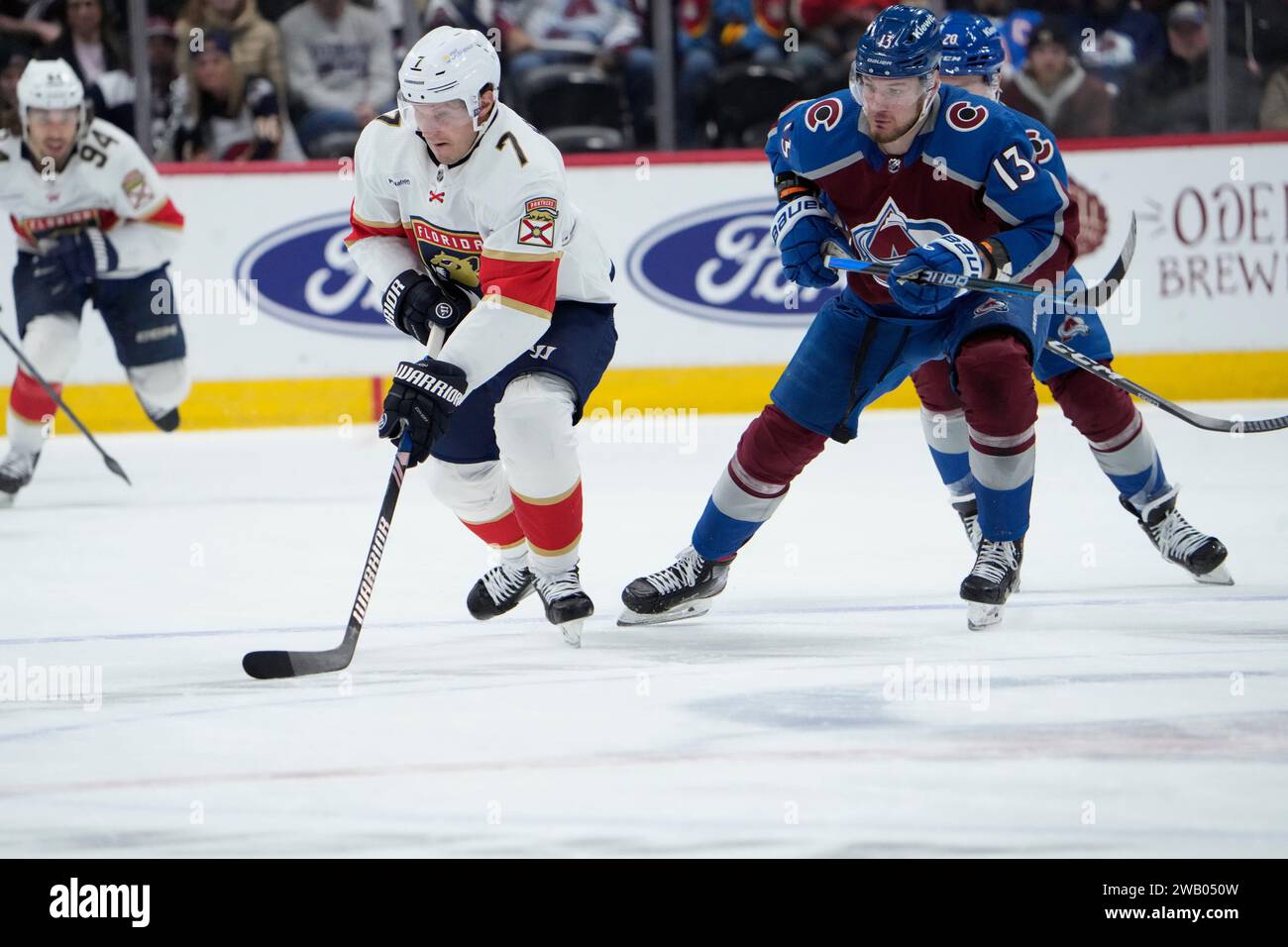 Florida Panthers defenseman Dmitry Kulikov (7) and Colorado Avalanche right wing Valeri ...