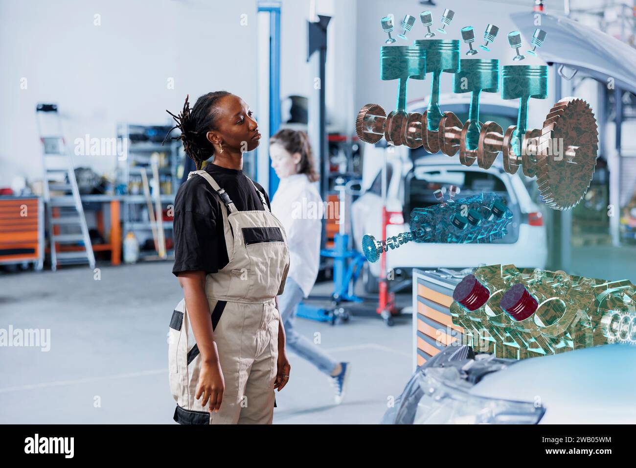 Experienced worker in repair shop using holographic augmented reality ...