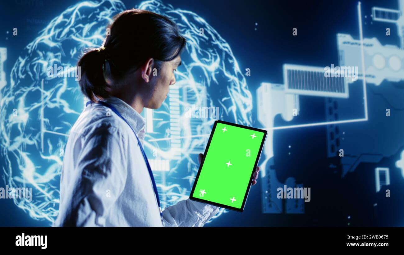 Licensed Admin Using Mockup Tablet To Write Artificial Intelligence Script Code In Startup