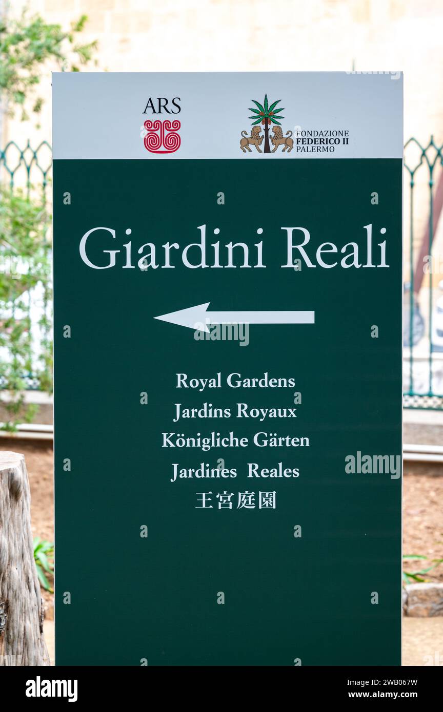 Palermo, Sicily, Italy, December 14, 2023 - Sign of the Royal Gardens ...