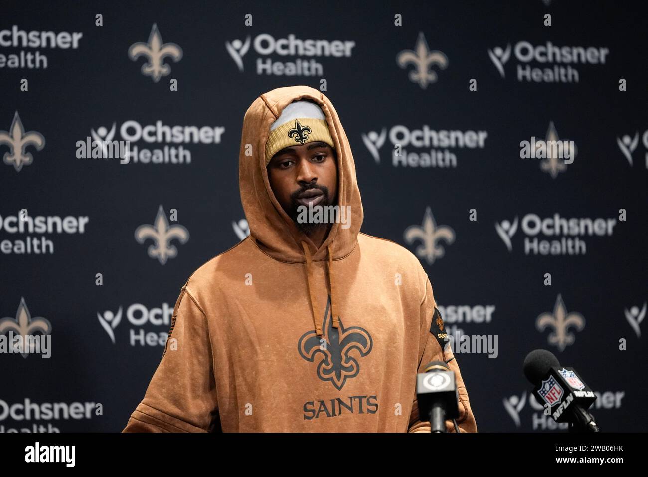 New Orleans Saints wide receiver A.T. Perry talks to reporters after an ...