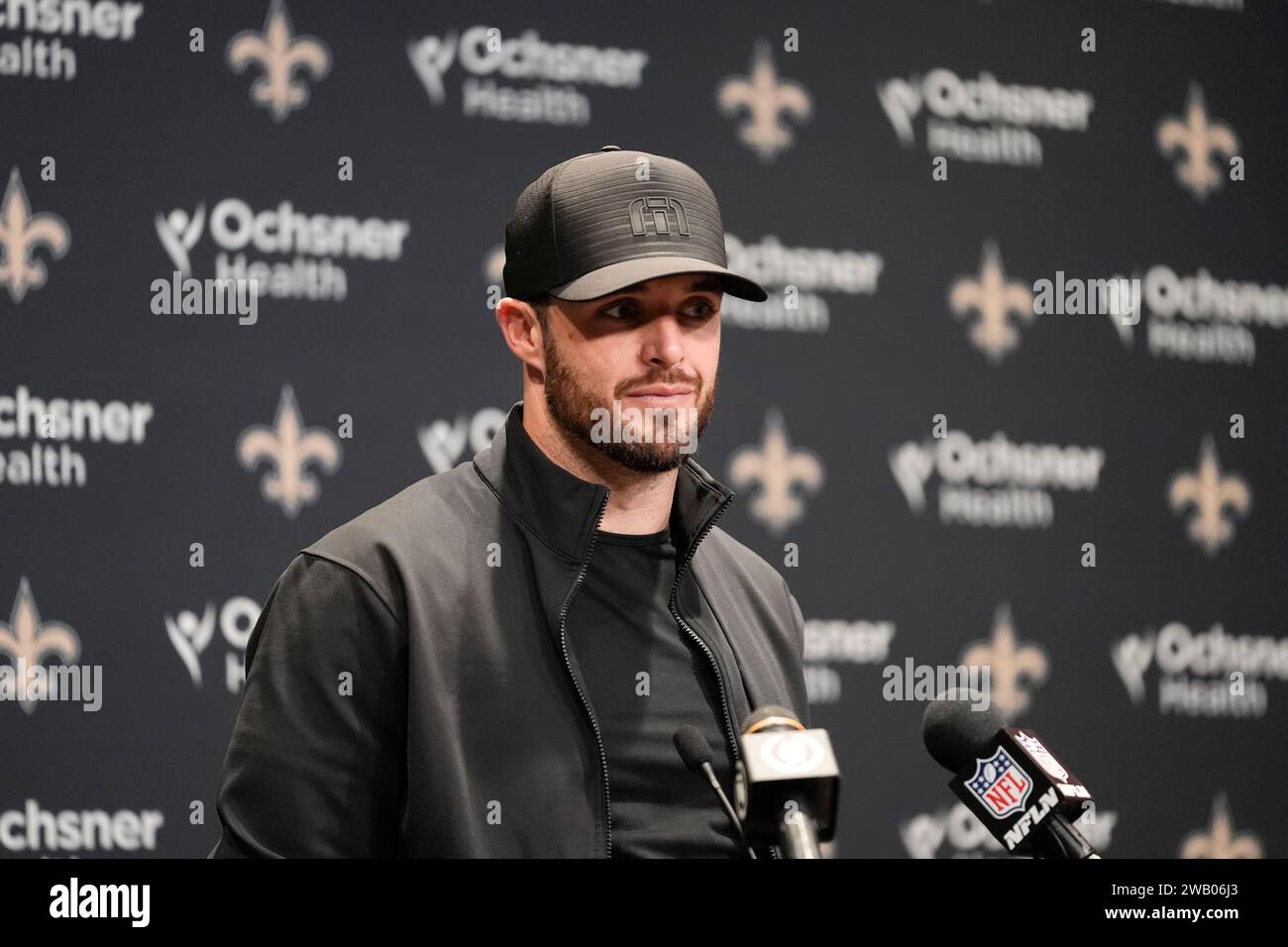 New Orleans Saints quarterback Derek Carr talks to reporters after an ...