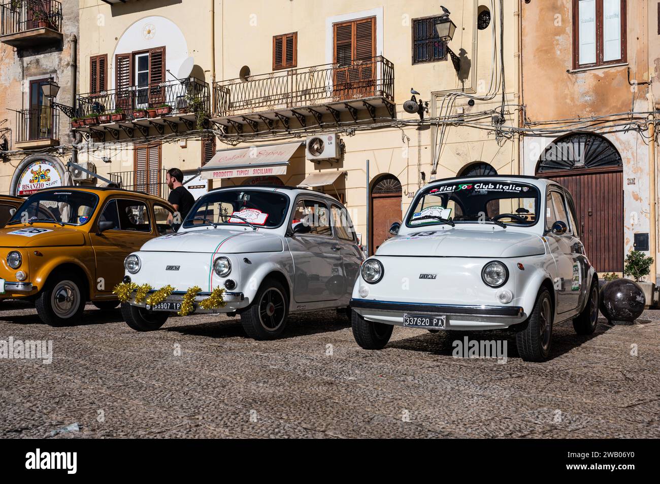 Monreale, Sicily, Italy, December 17, 2023 - Oldtimer show of Fiat 500 ...