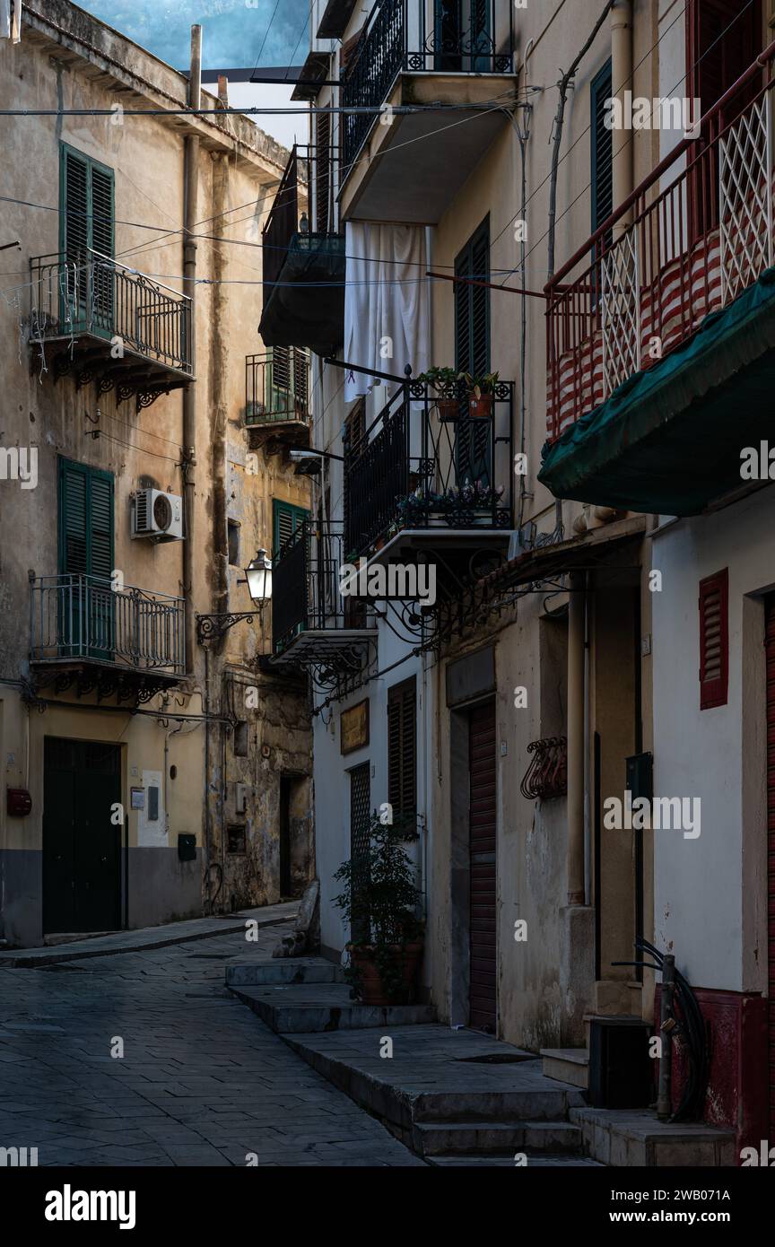 Altofonte, Sicily, Italy, December 17, 2023 - Narrow cobble stone ...