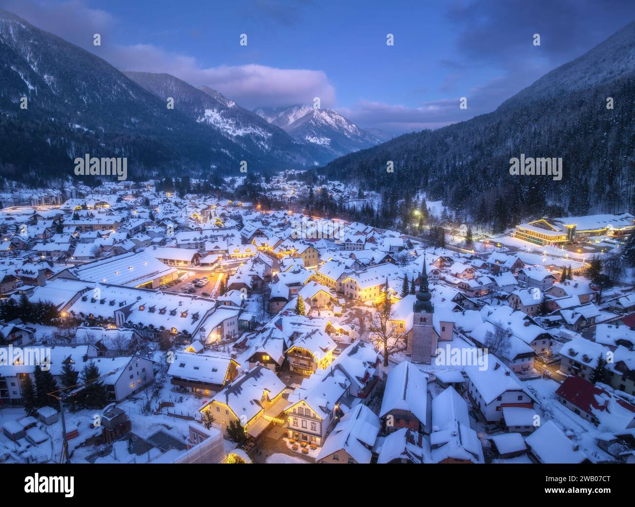 Aerial view of beautiful alpine village at cold winter night Stock ...