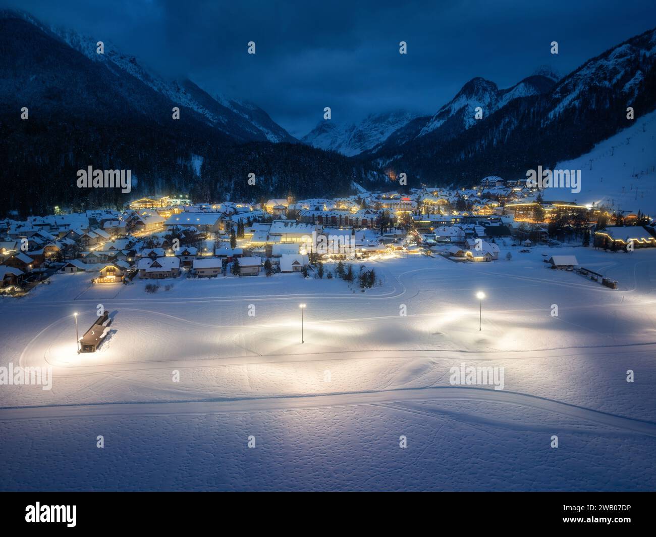 Aerial view of beautiful alpine village at cold winter night Stock ...