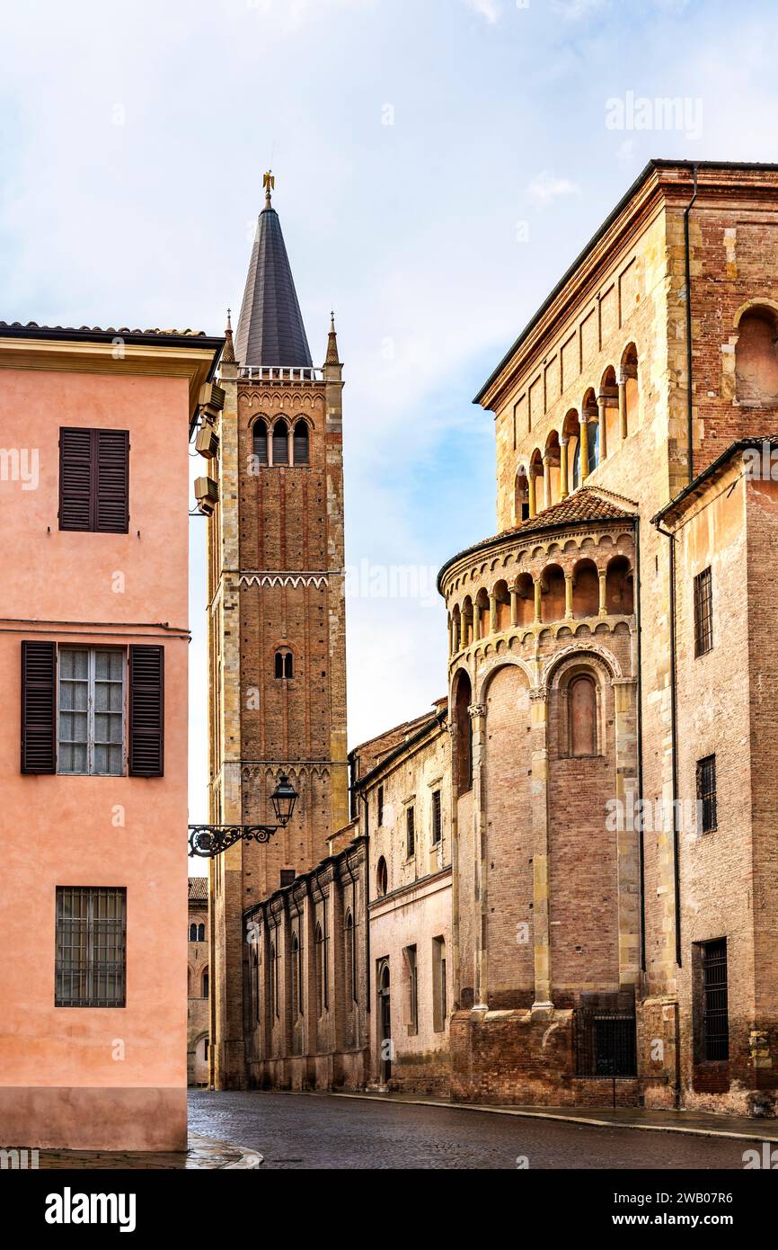 A detail of the bell tower and the apse of the Romanesque Cathedral of ...