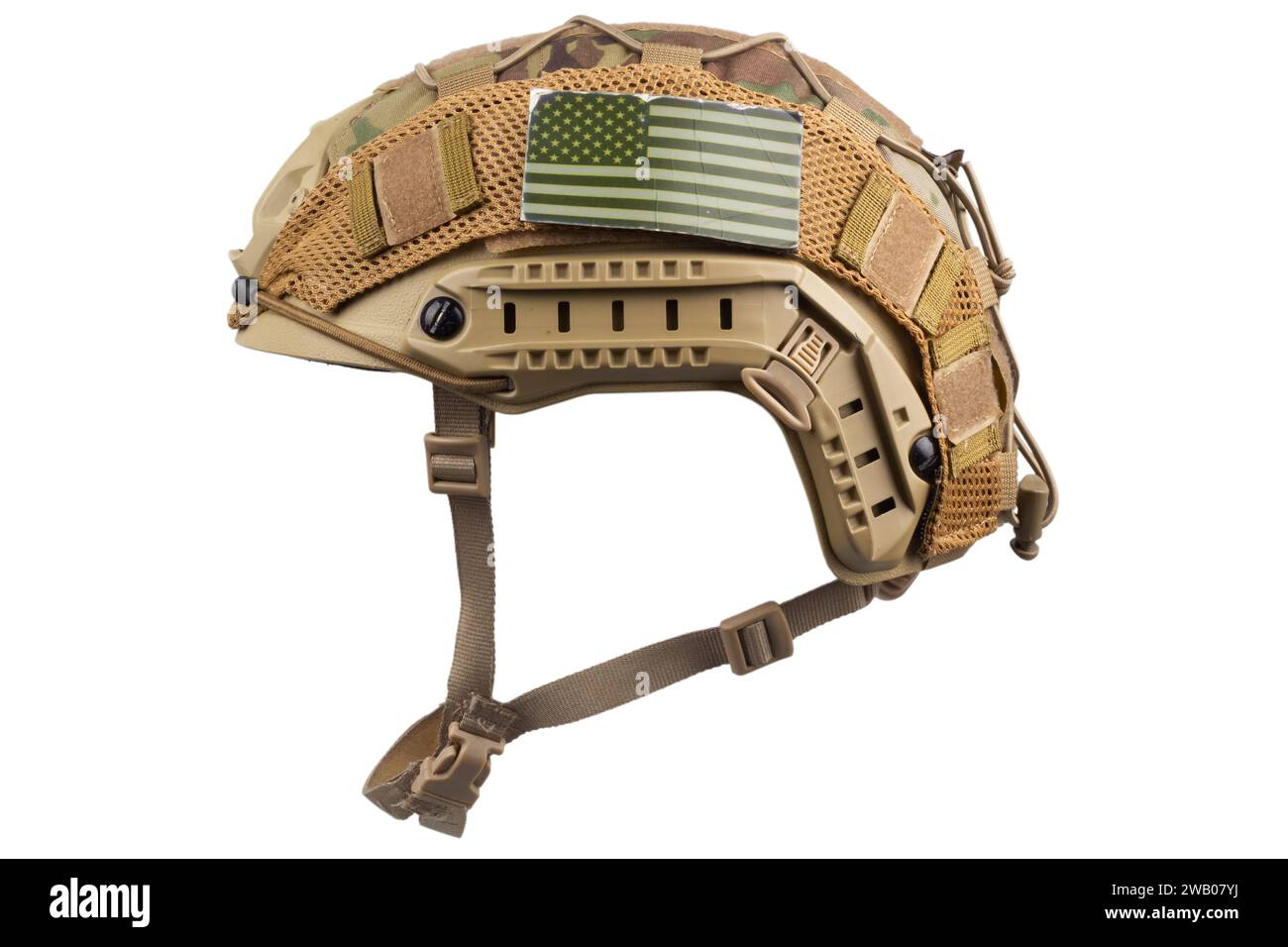Camouflaged military helmet with US flag patch isolated on white ...