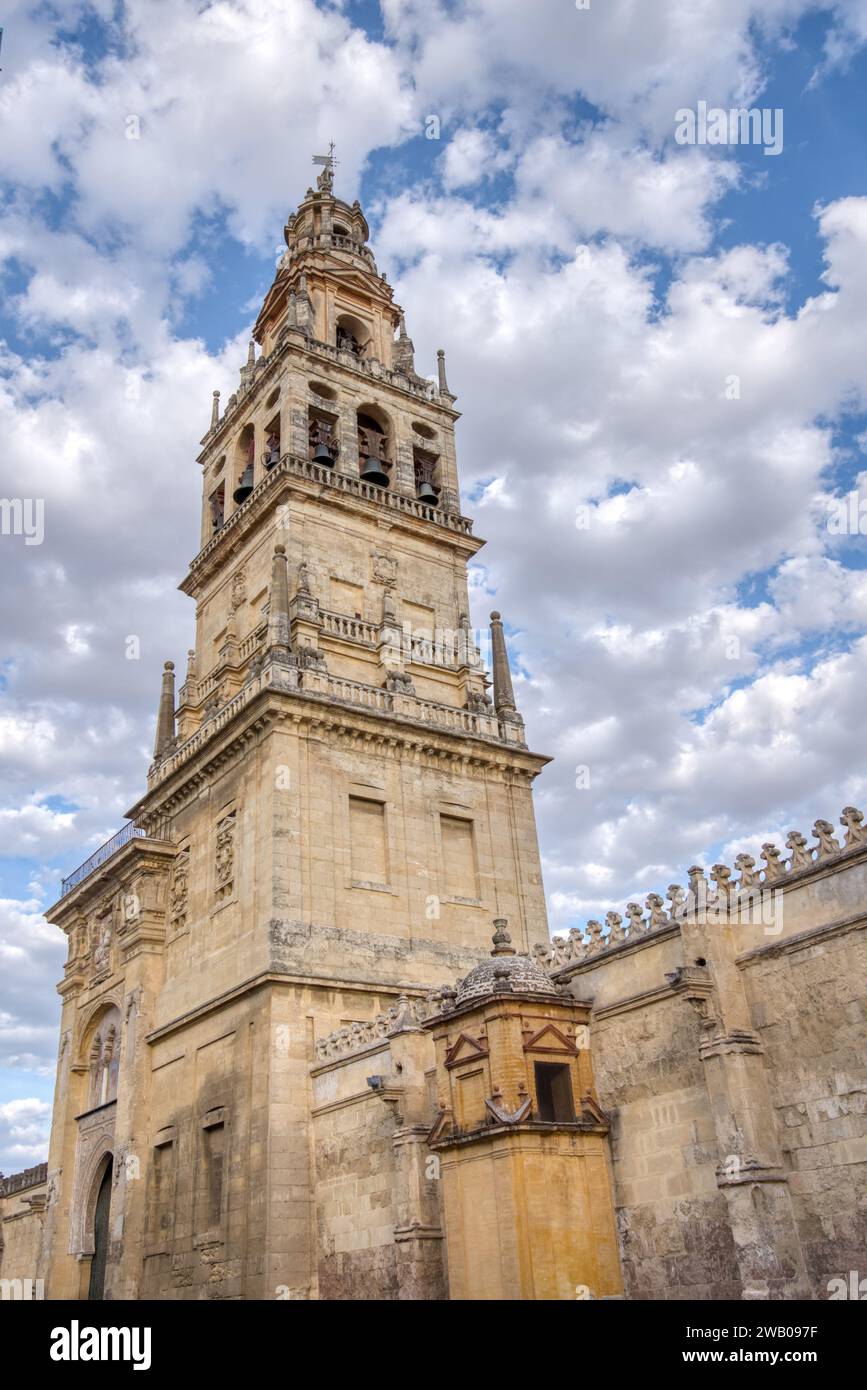Cordoba, Spain - August 30, 2023: Exterior bell tower of the Mezquita ...