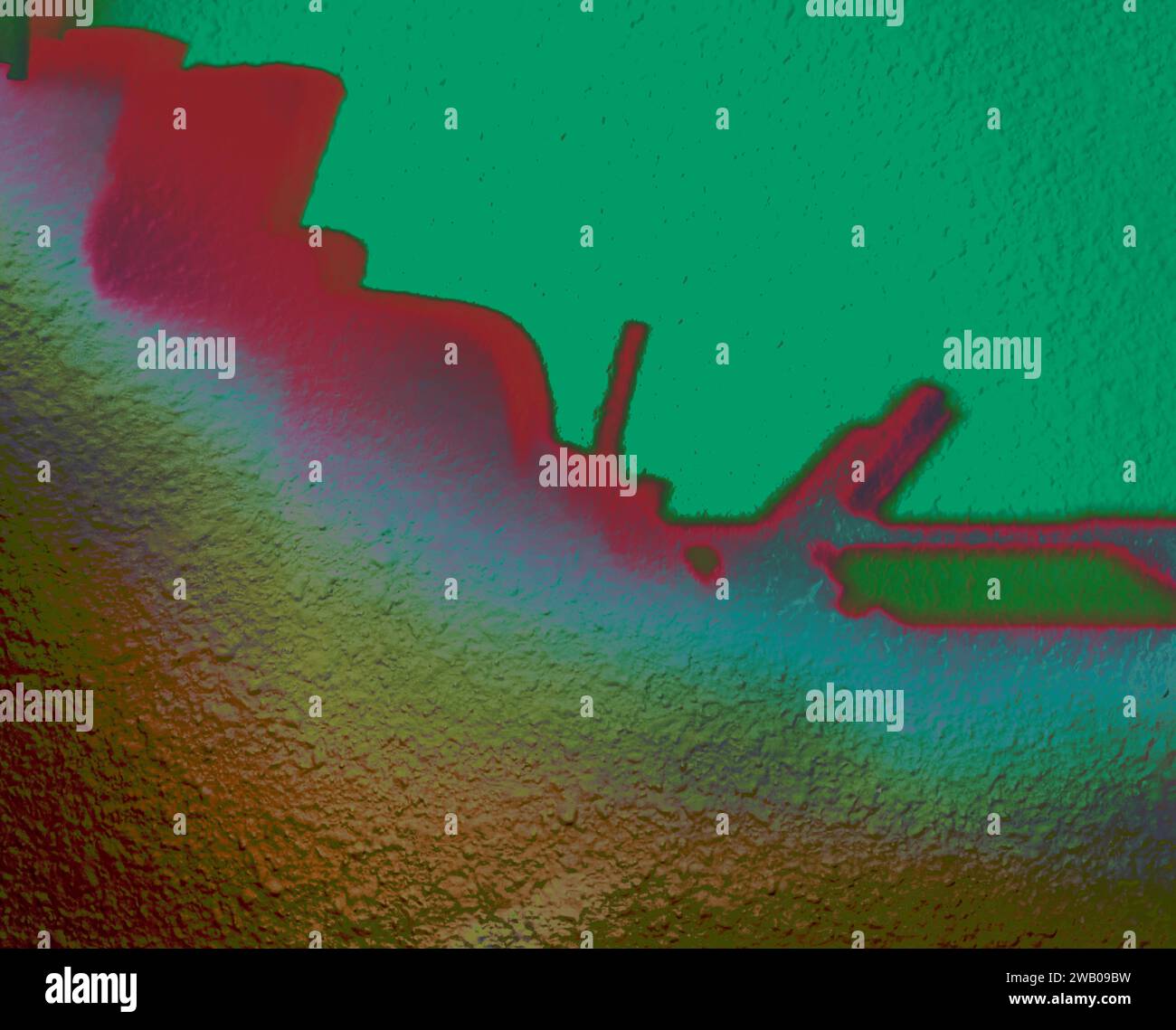 Abstract vision of rough sea, ship, shore, & structures is produced on ...