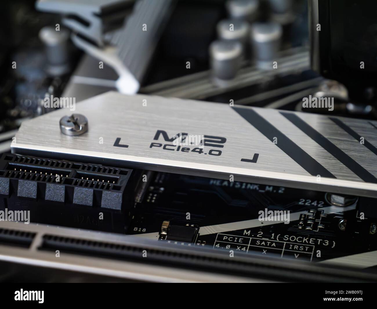 An M.2 M2 PCIe SSD solid state drive storage slot on a motherboard ...