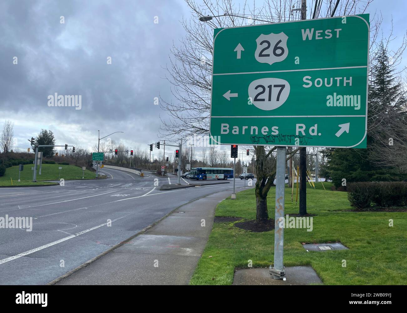 Road signs show the intersection of Barnes Road and Oregon Route 217 in ...