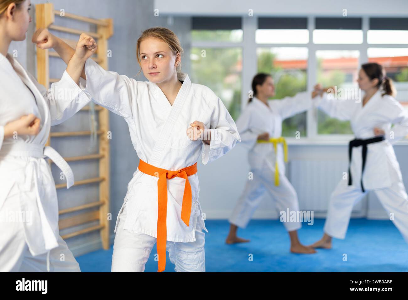 Adolescent girl honing punching techniques during kumite at karate ...