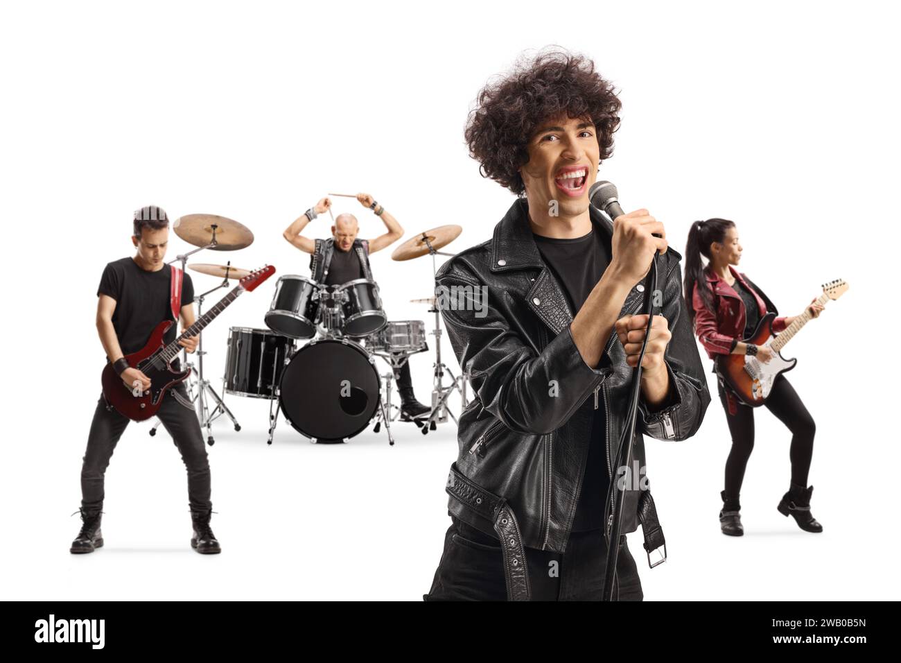 Rock music band performing with a male lead singer isolated on white ...