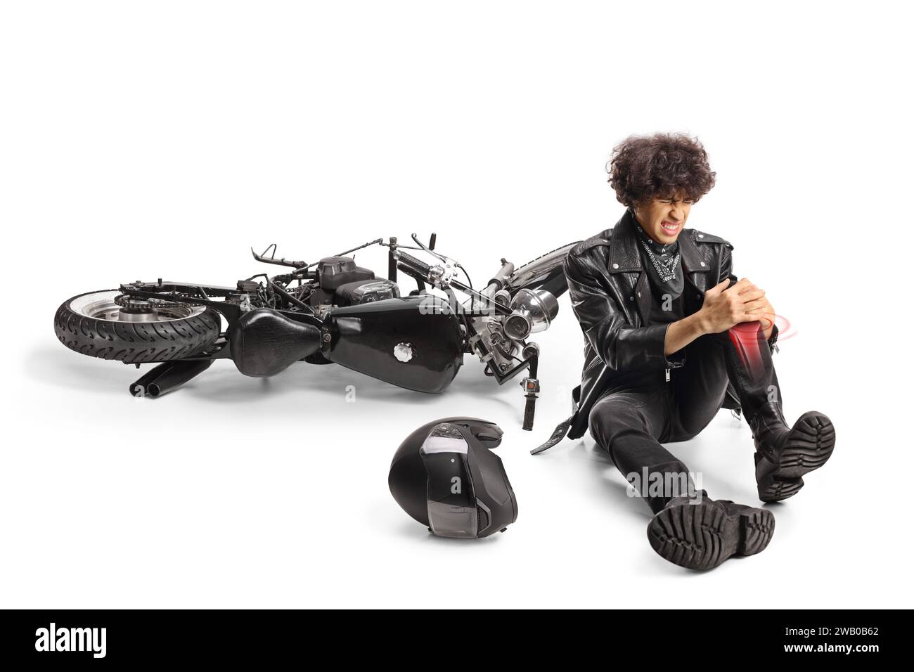 Man falling from a motorbike and holding his injured knee isolated on ...