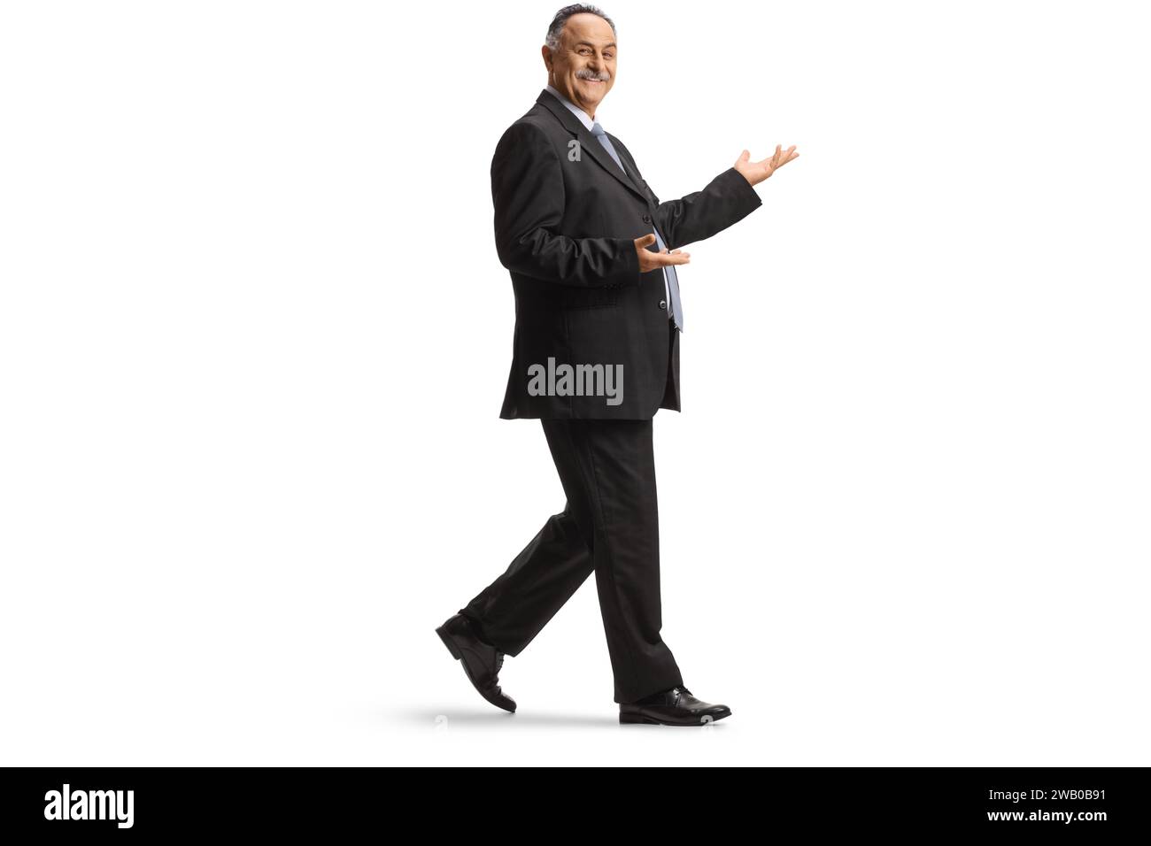 Boss walking and presenting something with hands isolated on white ...