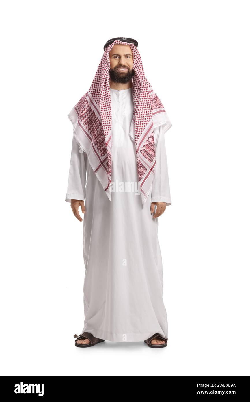 Full length portrait of a saudi arab man posing in a traditional robe ...