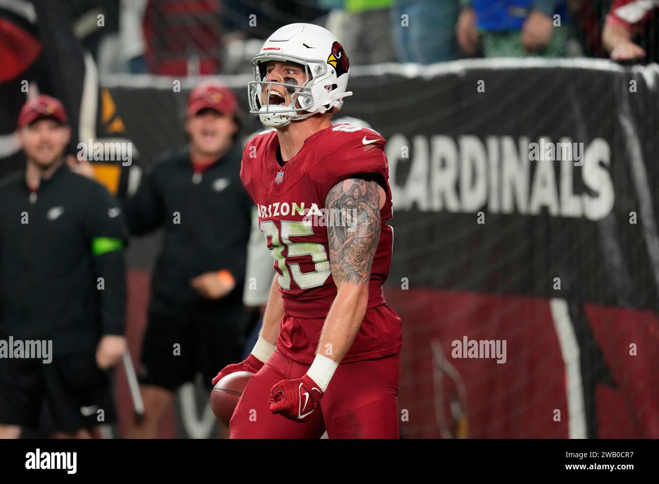 Arizona Cardinals tight end Trey McBride (85) celebrates after catching ...