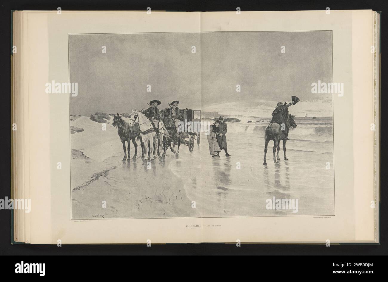 Reproduction of a painting of fleeing people on the beach by Charles ...
