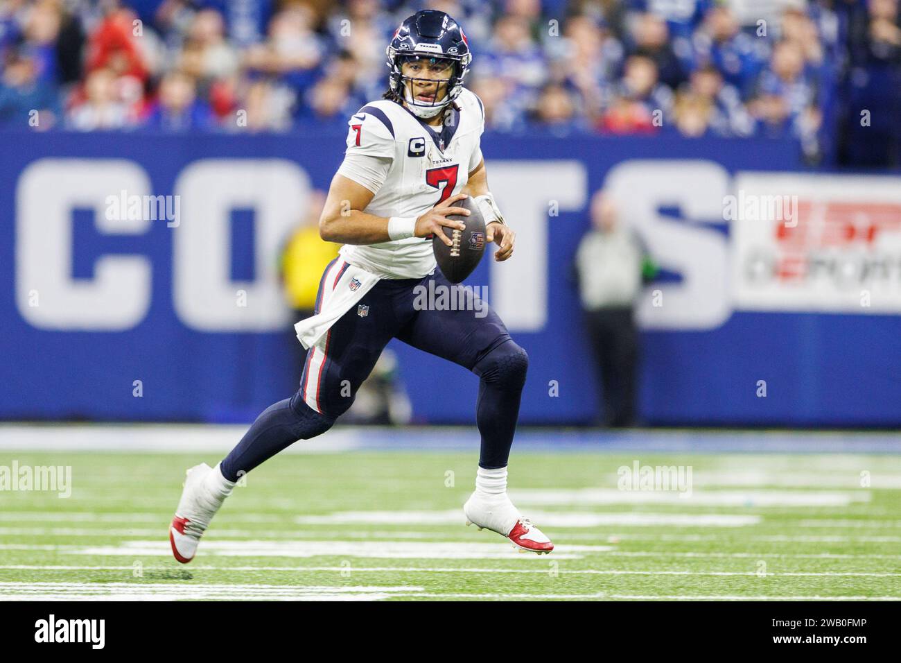 January 06, 2024: Houston Texans quarterback C.J. Stroud (7) rolls out of the pocket with the ...