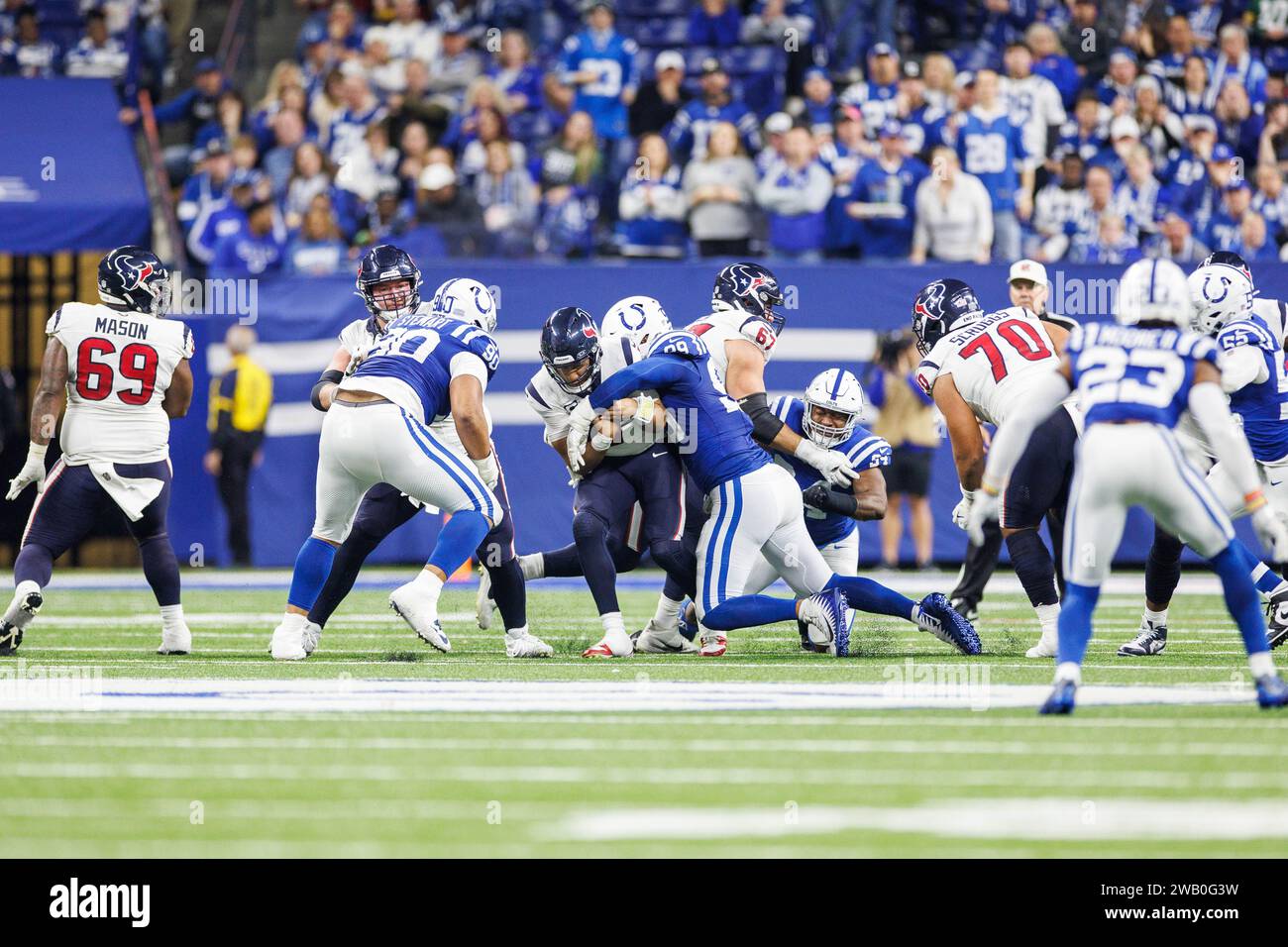 January 06, 2024: Indianapolis Colts defensive lineman DeForest Buckner (99) sacks Houston ...