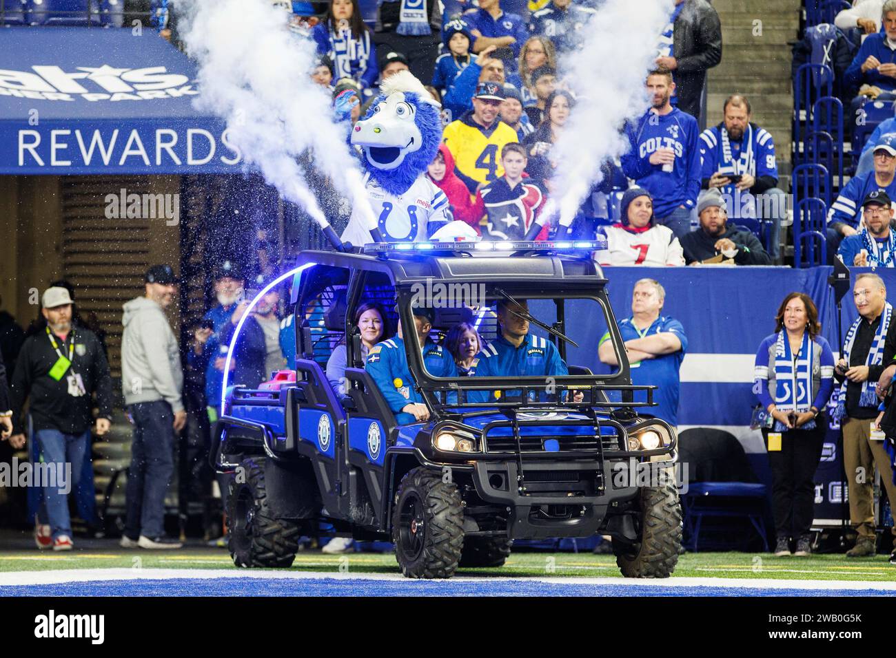 January 06, 2024: The Indianapolis Colts mascot Blue performs during ...