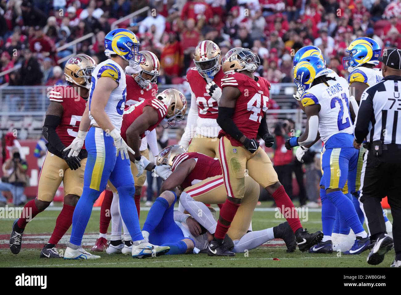 San Francisco 49ers linebacker Demetrius Flannigan-Fowles (45) reacts ...