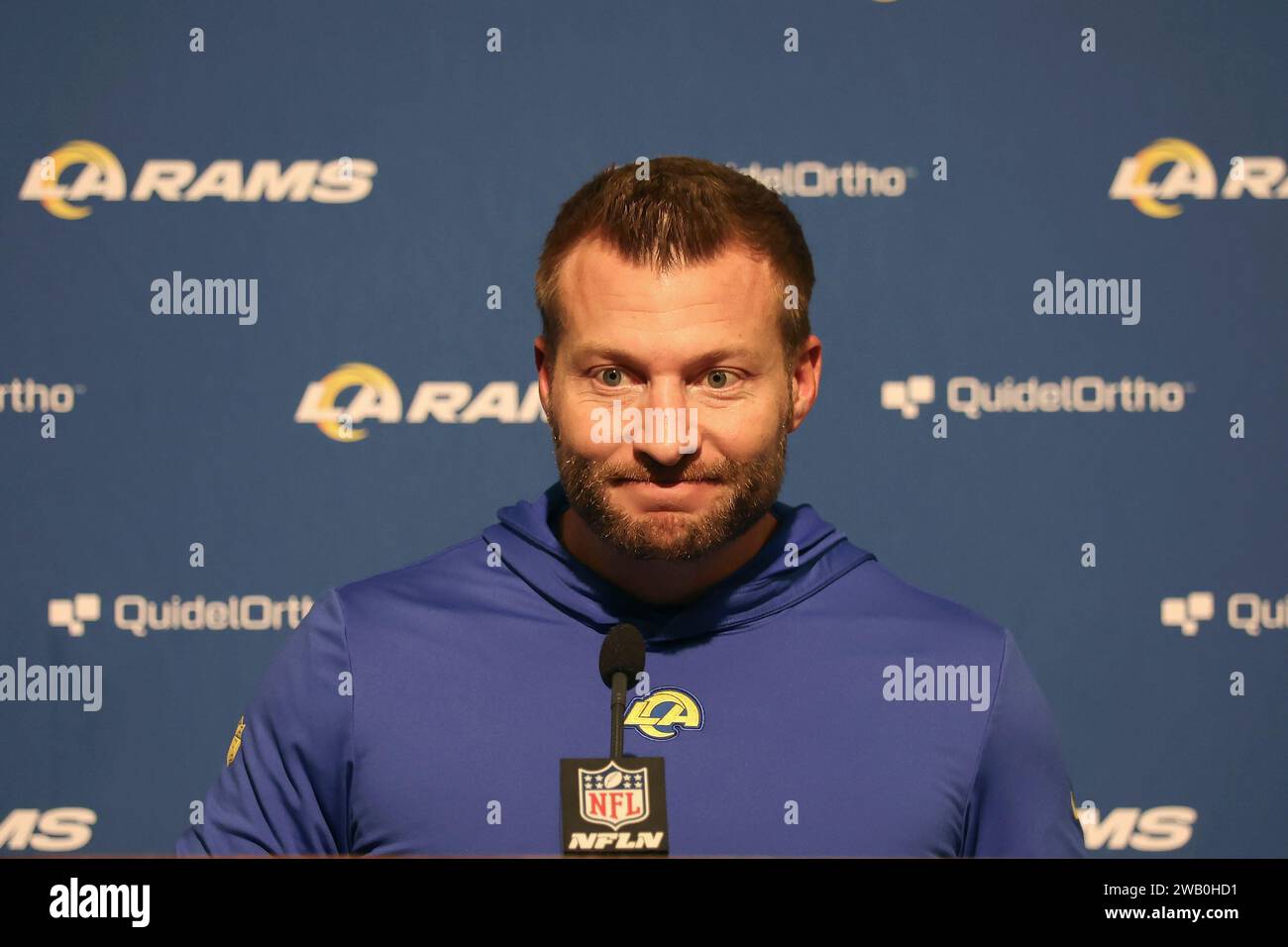 Los Angeles Rams head coach Sean McVay speaks to reporters after an NFL ...