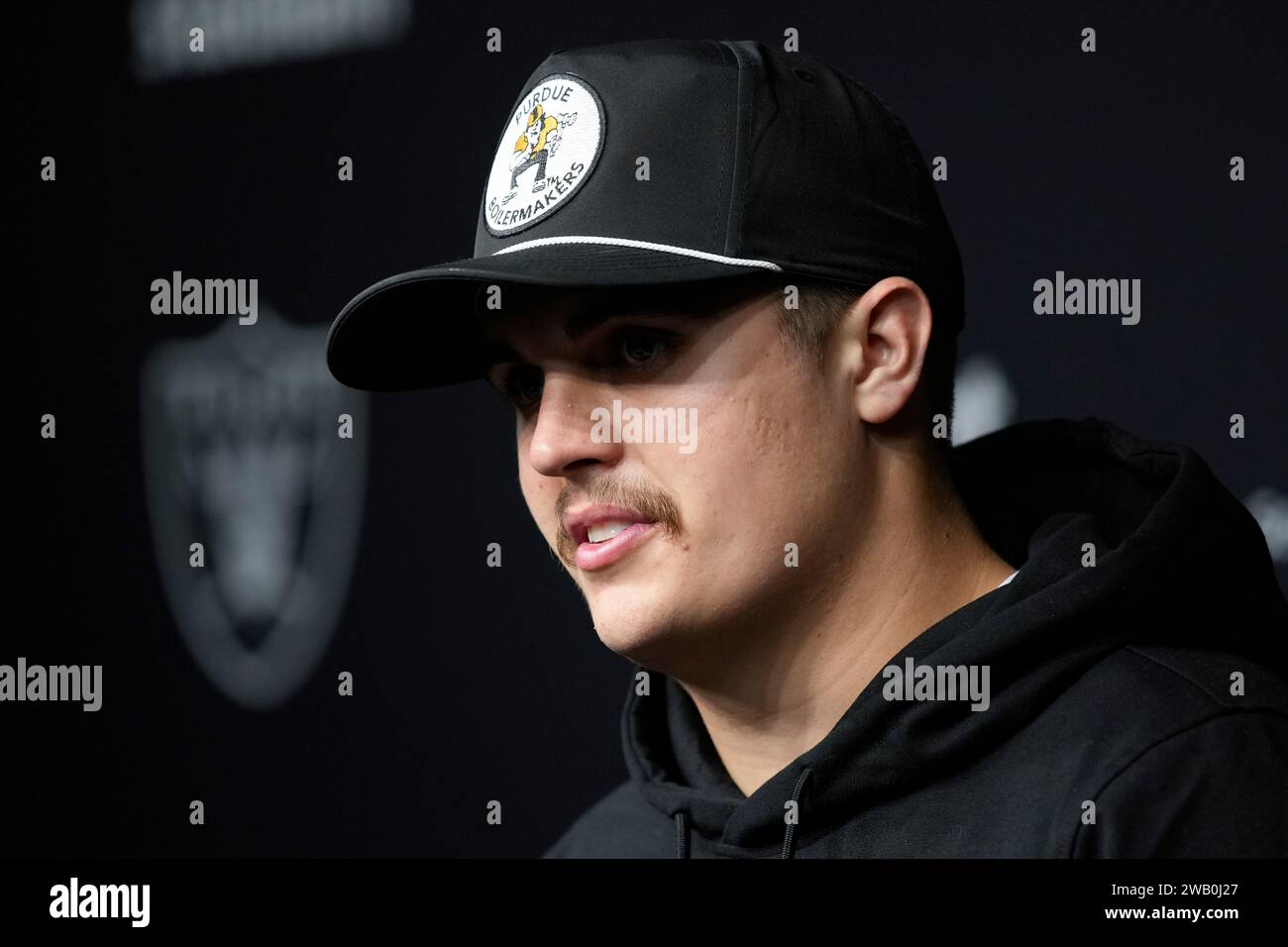 Las Vegas Raiders quarterback Aidan O'Connell talks to reporters ...