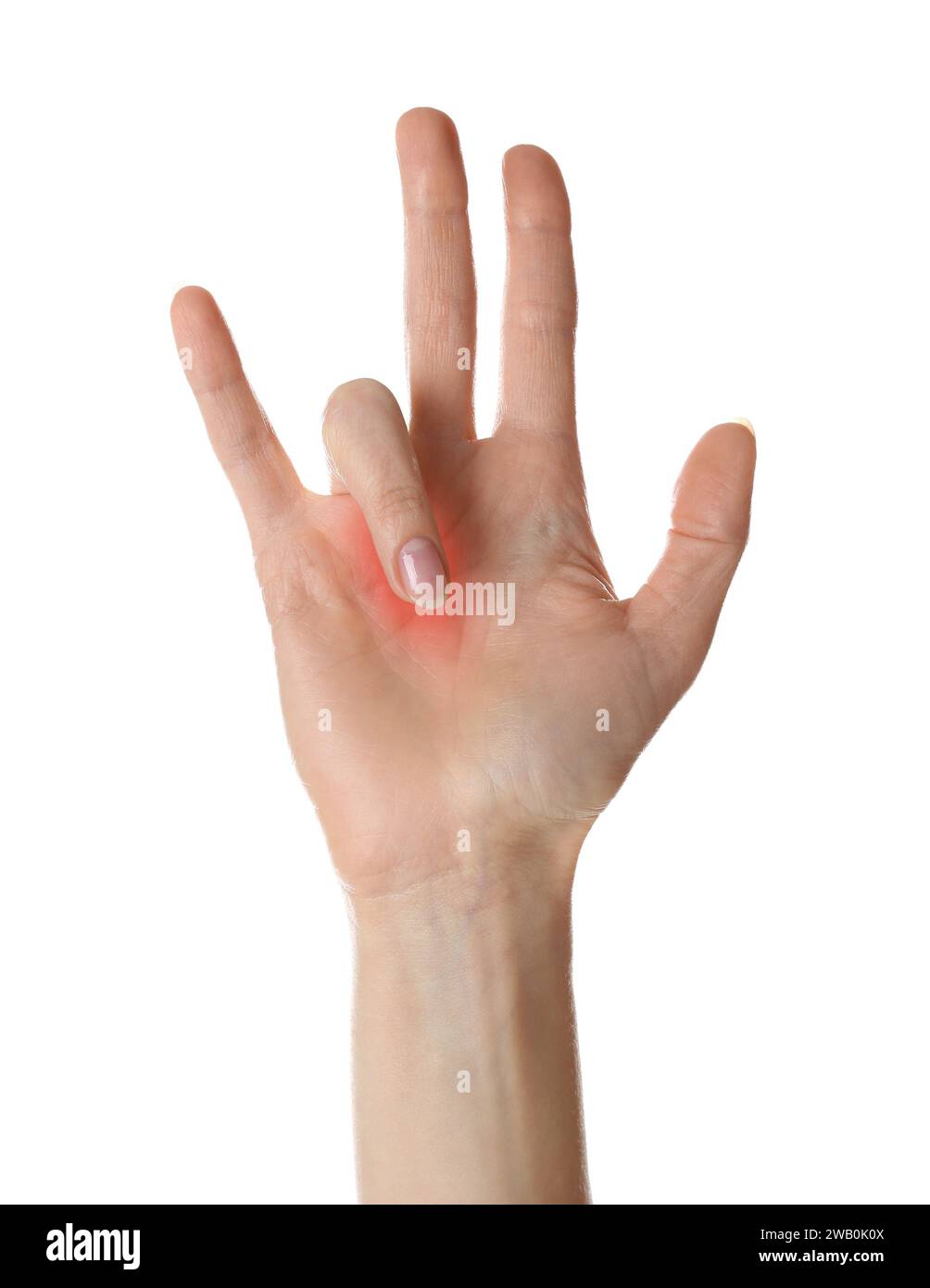 Woman suffering from trigger finger on white background, closeup Stock ...