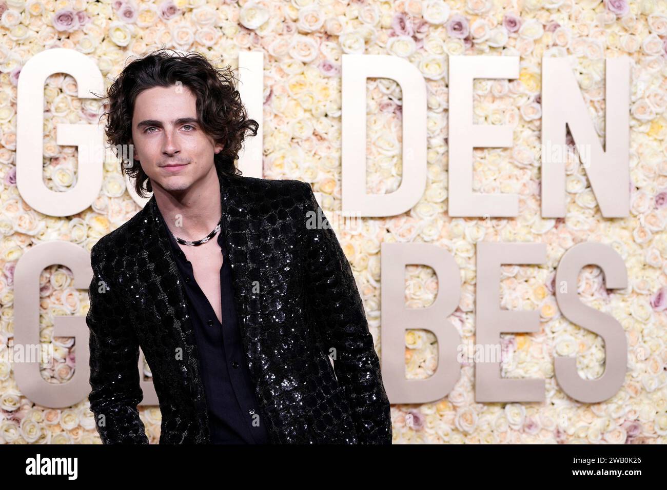 Timothee Chalamet arrives at the 81st Golden Globe Awards on Sunday, Jan. 7, 2024, at the ...