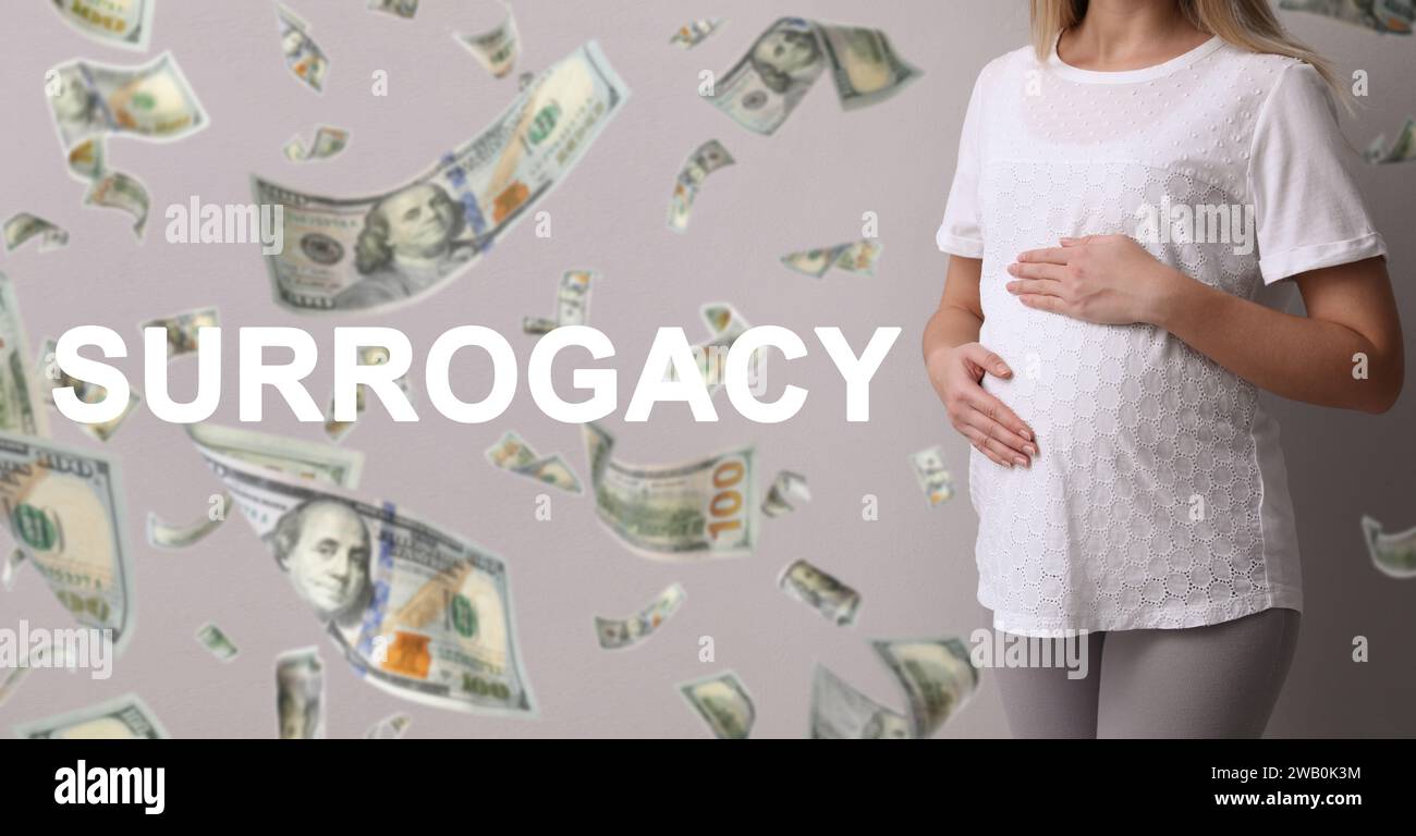 Surrogate mother under money shower on light background, closeup ...